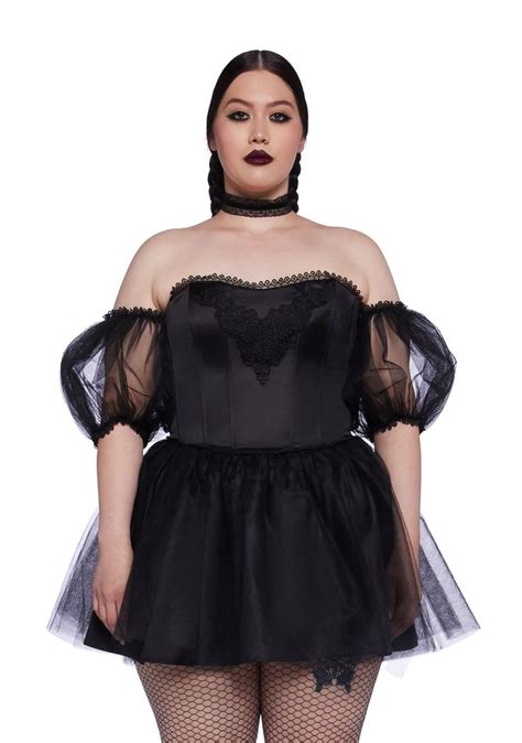 Plus Size Widow Goth Satin Mesh Puff Sleeve Corset Mini Dress Black