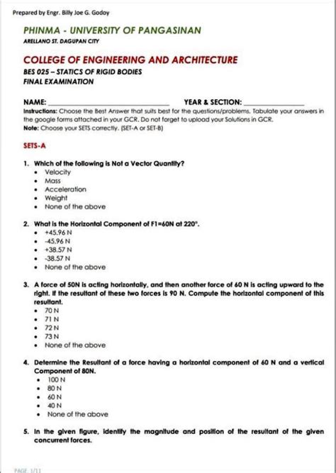 Statics Rigid Bodies Practice Materials Reviewer Prepared Engr Billy Joe G Godoy Phinma
