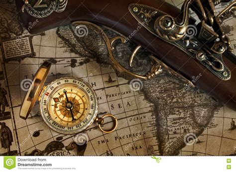 Old Pirate Map With Brass Compass Royalty Free Stock Image