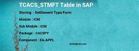 TCACS STMFT SAP Table For Settlement Type Form