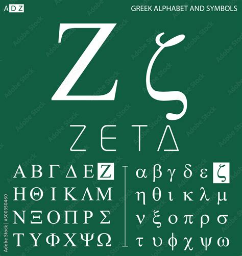 Greek Alphabet And Symbols Zeta Letter With Pronunciation Stock Vector