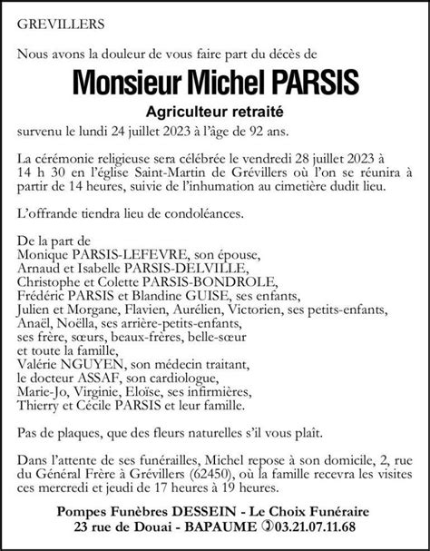Monsieur Michel PARSIS Pompes Funèbres Dessein