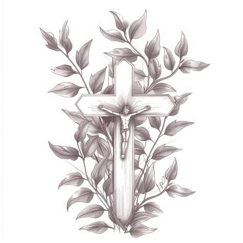 Premium Photo A Drawing Of A Cross With Leaves And Flowers