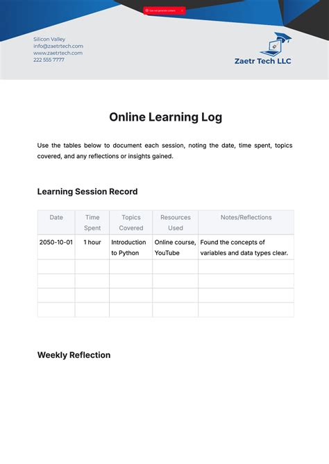 Free Online Learning Log Template To Edit Online