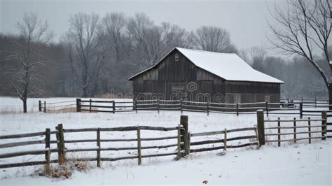 Rustic Winter Farm Scene Old Wooden Barn And Snow Covered Fence Stock