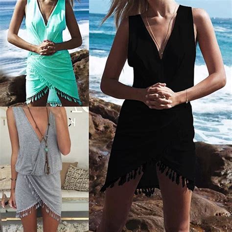 V Neck Sleeveless Tassel Beach Dress Bellechic