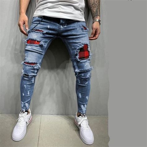 Купить Мода Мужчины Твердый Рваный Тощий Fit Стрейч Джинс цвет