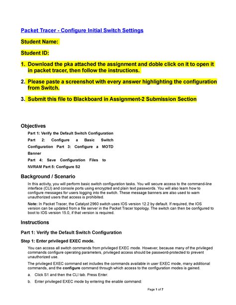 Assignment Configure Initial Switch Settings Page 1 Of 7 Packet Tracer Configure Initial