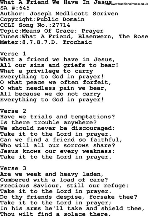 Salvation Army Hymnal Song What A Friend We Have In Jesus With Lyrics