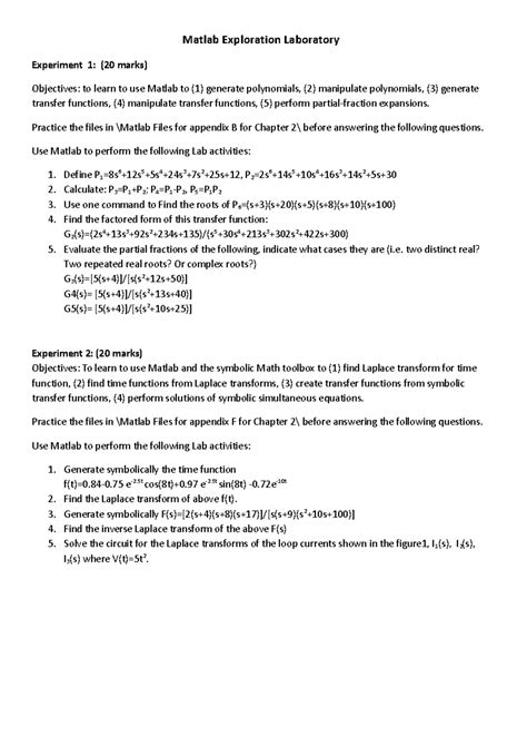 Matlab Exploration Laboratory 2023 24 Matlab Exploration Laboratory