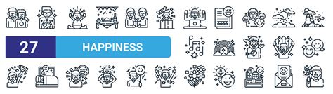 우정 행복 아기 긍정적 인 리뷰 무지개 수면 꽃 웹 디자인 모바일 앱을위한 사용자 벡터 얇은 선 아이콘과 같은 27 개의 개요 웹 행복 아이콘 세트 공유 개념에 대한 스톡