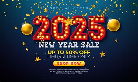 새해 복 많이 받으세요 세일 2025 3d 빛나는 전구 빌보드 타이포그래피 레터링 골드 크리스마스 공과 파란색 배경에 떨어지는 색종이 디자인 휴일 특별 행사 캠페인 할인