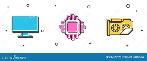 set computer monitor screen processor with cpu and video graphic card