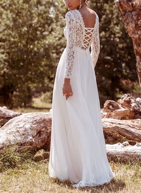 A Line Long Sleeves Floor Length Chiffonlace Wedding Dresses Missacc