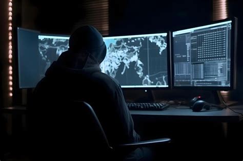 Silhouette Dun Hacker Avec Une Capuche Assis Devant Un écran D