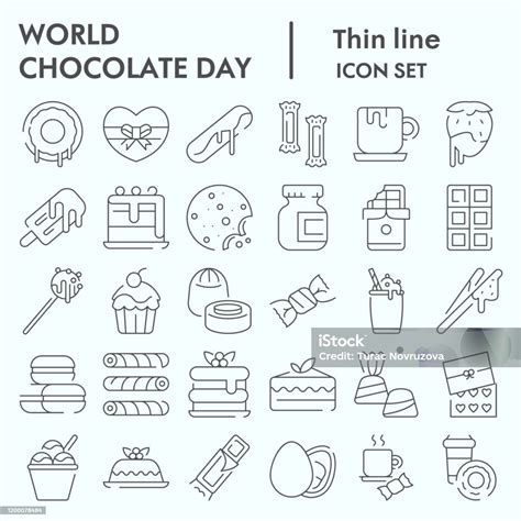 세계 초콜릿 의 날 얇은 라인 아이콘 세트 초콜릿과 과자 세트 기호 컬렉션 벡터 스케치 로고 일러스트 레이션 컴퓨터 웹 표지판