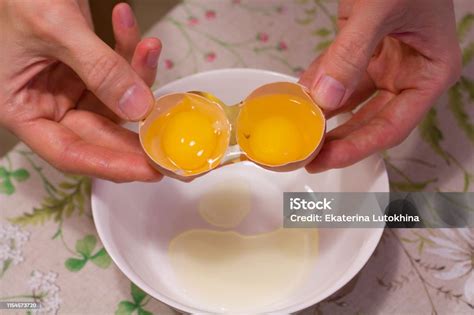 하나의 계란에 두 개의 노 른 자 2 1 여자의 손은 두 개의 노 른 자와 독특한 달걀을 엽 니 케이크 스크램블 계란 팬케이크