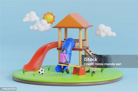3d 어린이 놀이터 공원 어린이 놀이터 야외 게임 놀이터 미끄럼틀 어린이를 위한 놀이 공간 3d 그림 3차원 형태에 대한 스톡