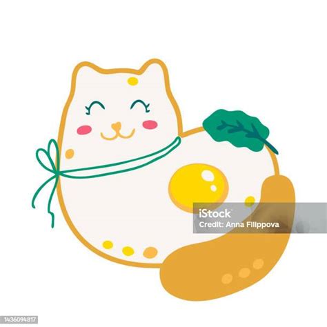 손으로 그린 뚱뚱한 재미있는 고양이 스크램블 에그 캐릭터 티셔츠 스티커 및 인쇄에 적합합니다 장식 및 디자인을위한 격리 된 벡터