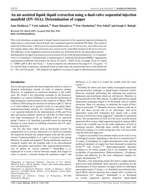 Pdf An Air Assisted Liquidliquid Extraction Using A Dual Valve Sequential Injection Manifold