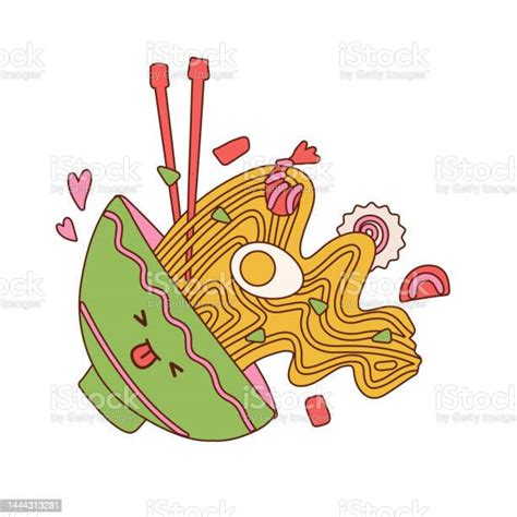 Noodles Splashing Out Of The Bowl Cute Funny Ramen Bowl Character With
