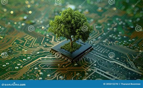 Green Computing Depicted As A Tree Sprouting At The Convergence Of A Computer Circuit Board Ai