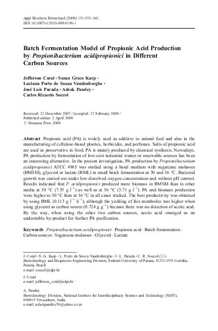 Pdf Batch Fermentation Model Of Propionic Acid Production By Propionibacterium Acidipropionici
