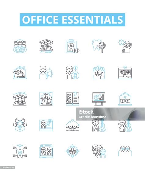 Office 필수 요소 벡터 라인 아이콘이 설정되었습니다 책상 의자 펜 프린터 종이 컴퓨터 마우스 그림은 개념 기호와 기호를 개략적으로 설명합니다 고무밴드에 대한 스톡 벡터