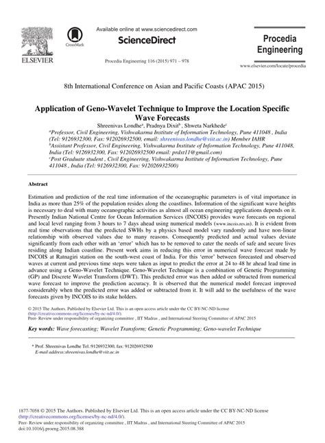 Pdf Application Of Geno Wavelet Technique To Improve The Location Specific Wave Forecasts