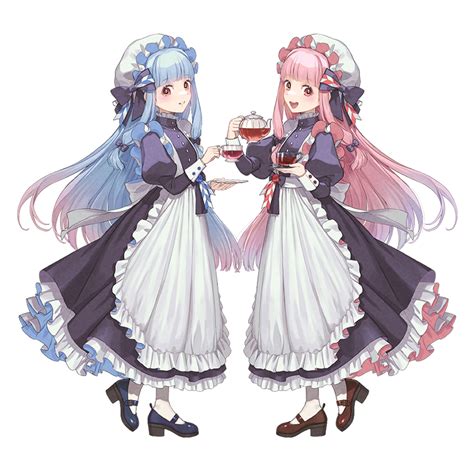 Safebooru 2girls Apron Blue Eyes Blue Footwear Bow Cherico Cup
