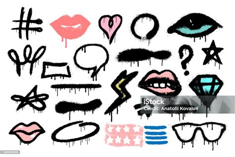 검은 색과 다채로운 낙서 스프레이 패턴 세트 기호 낙서 크라운 화살표 별 아이 다이아몬드 안경 입술 스프레이 질감이있는 프레임 배너 장식 거리 예술 및 광고를위한 요소