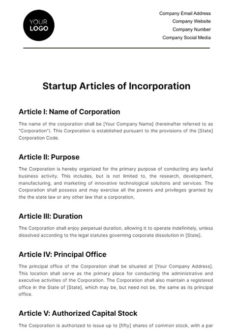 Free Startup Articles Of Incorporation Template To Edit Online
