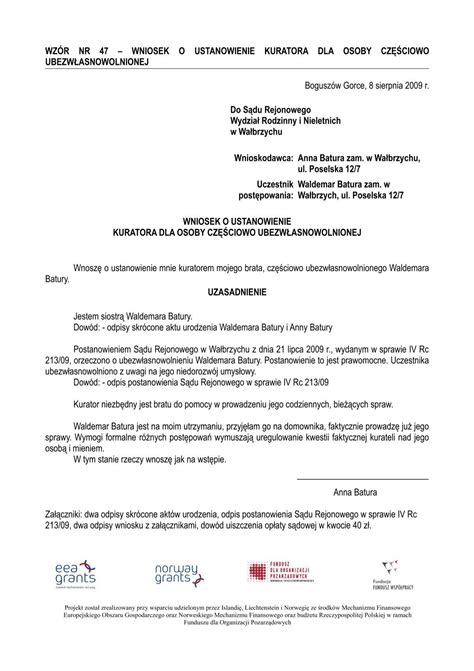 47 Wniosek o ustanowienie kuratora dla osoby czÄ Å ciowo