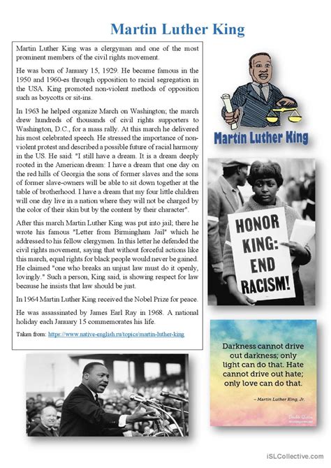 Martin Luther King Reading For Detai Français Fle Fiches Pedagogiques