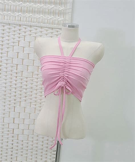 Only룸제이💚11할인유니크힙한섹시몸매보정잘록허리휴가룩바캉스룩비치룩페스티벌룩 멜링 골지 슬림핏 스트링 셔링 튜브 탱크 홀터넥 끈 크롭 나시 탑 슬리브