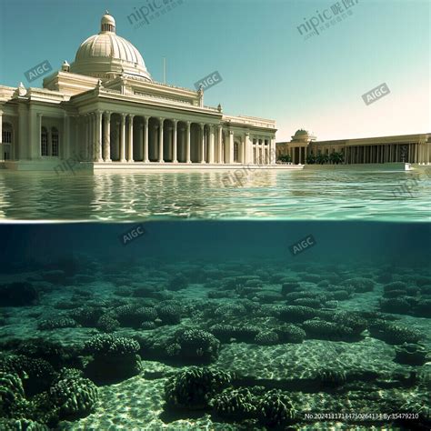 Ai创作图未来水世界 水中宫殿 海底神庙 水底建筑 3d海平面 水上场景建模 水底厅 水之宫殿 水景建筑图片素材下载 海底建筑 水世界建筑