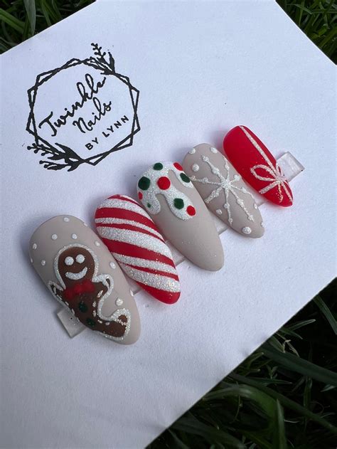 Gingerbread Man Nails Candy Cane Christmas Nails Press Etsy