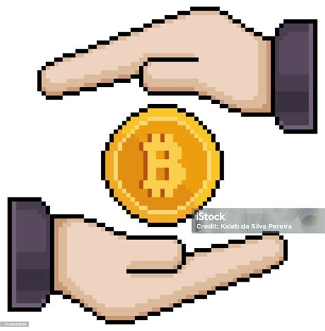 흰색 배경에 8 비트 게임을위한 비트 코인 벡터 아이콘을 들고있는 픽셀 아트 손 2명에 대한 스톡 벡터 아트 및 기타 이미지 2명 개념 개념과 주제 Istock