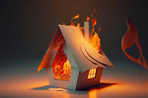 Model Of Small Burning House With Cardboard Roof And Windows Stock