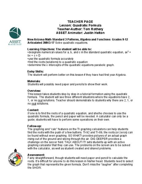 Quadratic Formula Lesson Plan For 10th 12th Grade Lesson Planet
