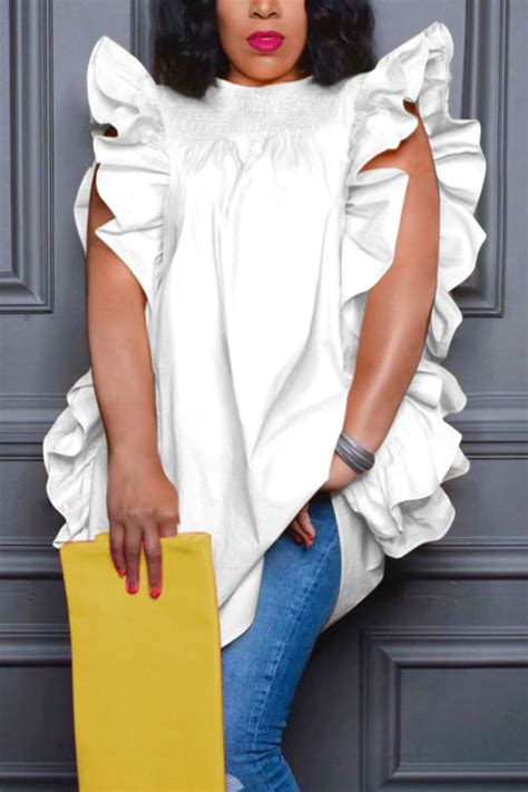 Xpluswear Plus Size Hot Pink Round Neck Ruffle Blouse White 5xl28