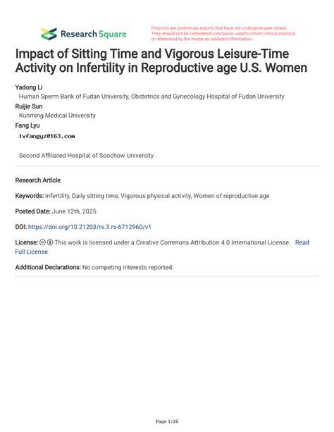 Pdf Impact Of Sitting Time And Vigorous Leisure Time Activity On Infertility In Reproductive
