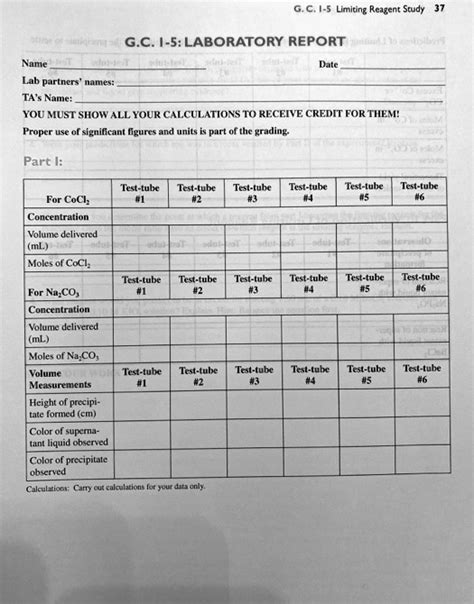 SOLVED G C 1 5 Limiting Reagent Study G C I 5 LABORATORY REPORT KunI Date Lab Partners Hat E