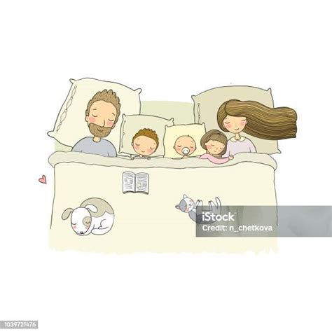 가족은 침대에서 잔 다 만화 엄마 아빠 그리고 아이 들입니다 가족에 대한 스톡 벡터 아트 및 기타 이미지 가족 개 귀여운