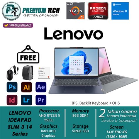Jual Laptop Lenovo Idepad Slim 3 14 AMD Ryzen 5 7530U RAM 8GB 512GB SSD FHD IPS Backlit Win11