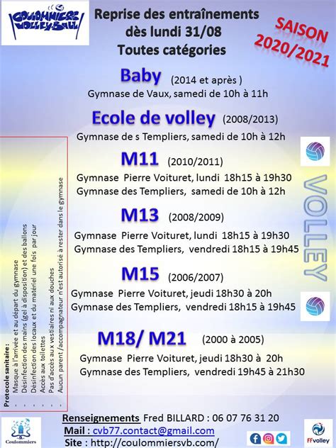 Reprise des entraînements Saison Coulommiers Brie Volley