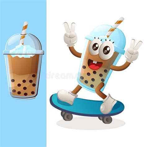 Cute Bubble Tea Mascot Playing Skateboard Skateboarding Stock Vector