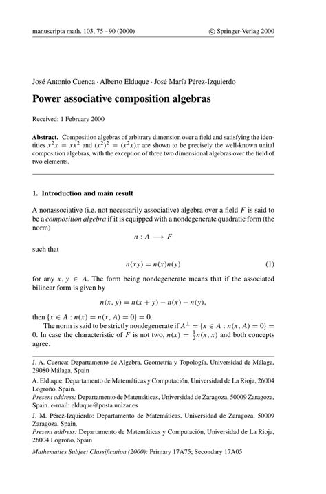 Pdf Power Associative Composition Algebras
