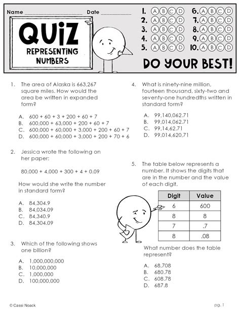 Place Value Quiz For Grade 4 Printable Assessment