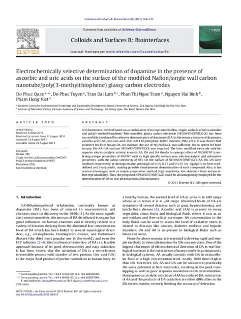 Pdf Electrochemically Selective Determination Of Dopamine In The Presence Of Ascorbic And Uric
